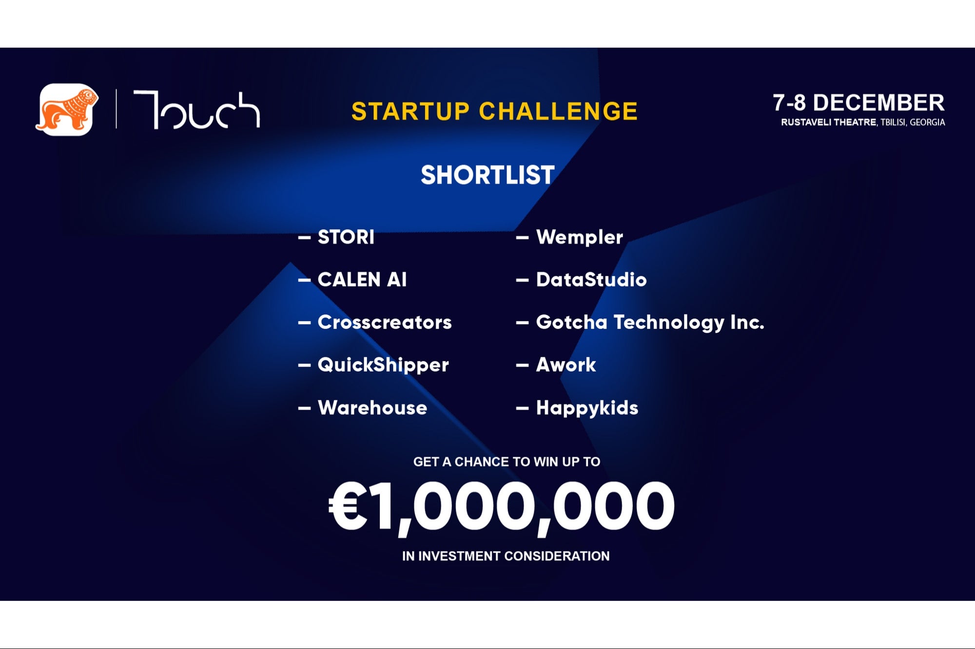 Touch Summit-ის Startup Challenge-ის შორთლისთი ცნობილია - სამიტის გენერალური პარტნიორი ...